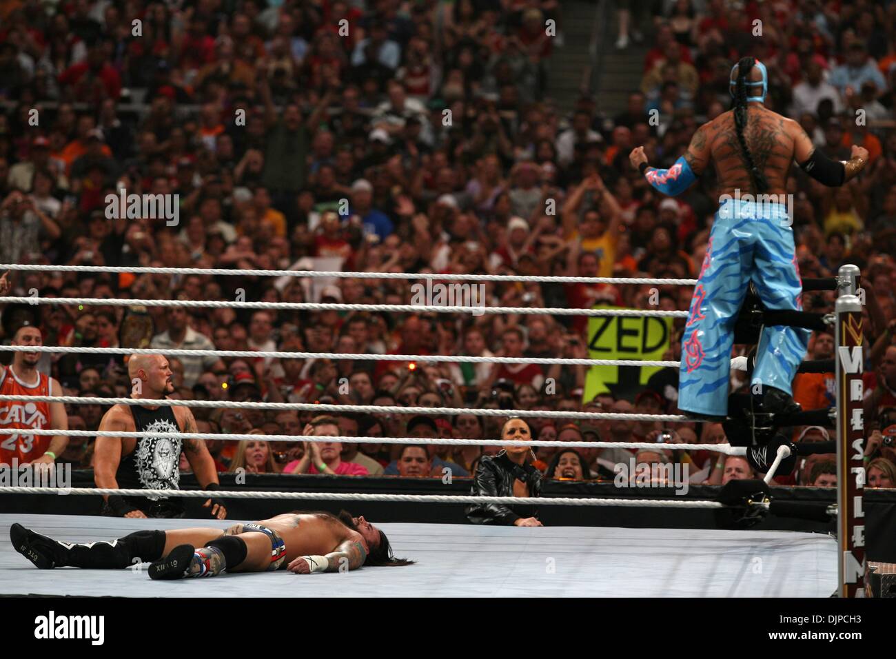 Mar 28 2010 Phoenix Arizona Usa Rey Mysterio Blue And Cm Punk During Wwe Wrestlemania 26