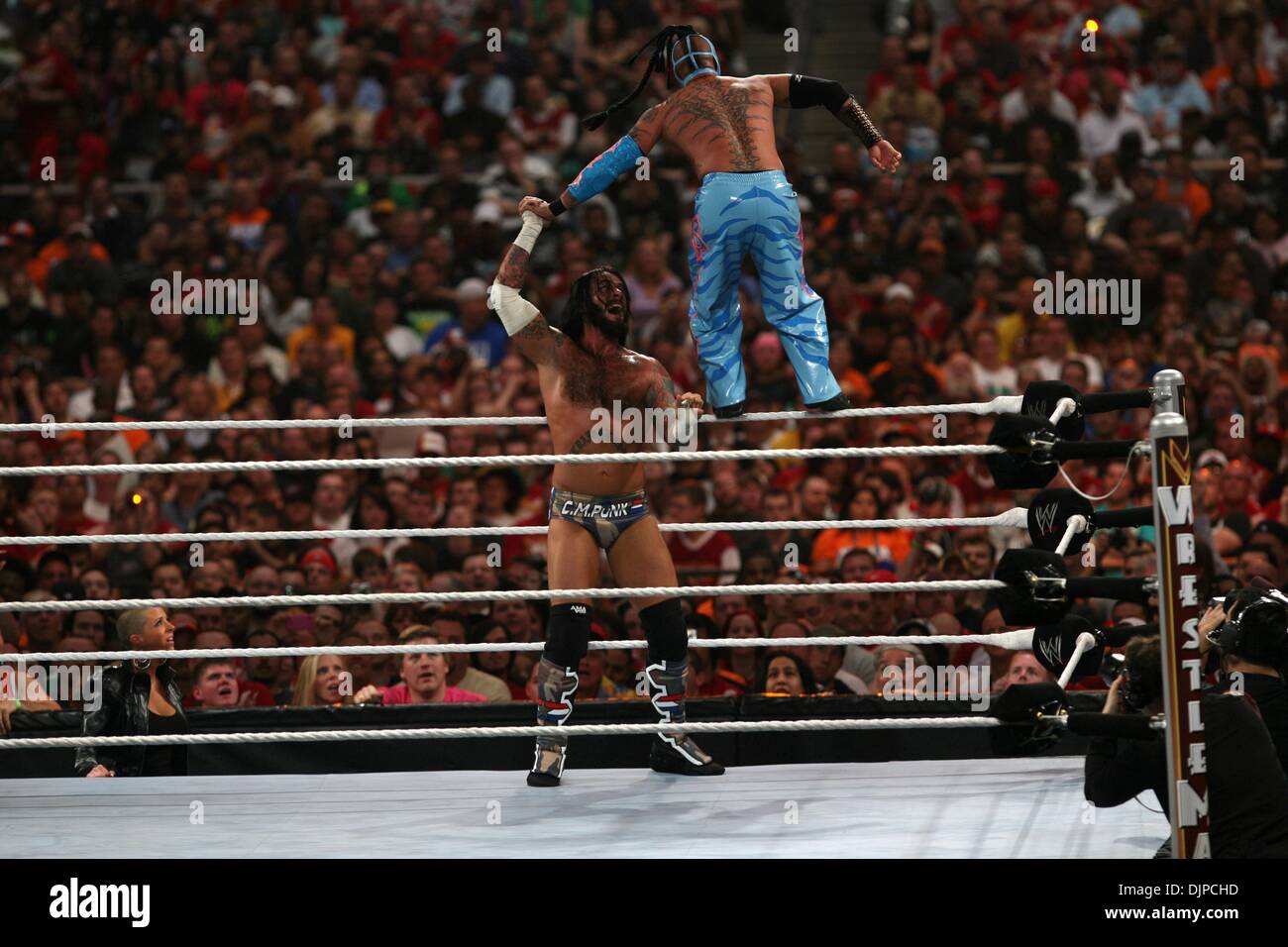 Mar 28 2010 Phoenix Arizona Usa Rey Mysterio Blue And Cm Punk During Wwe Wrestlemania 26