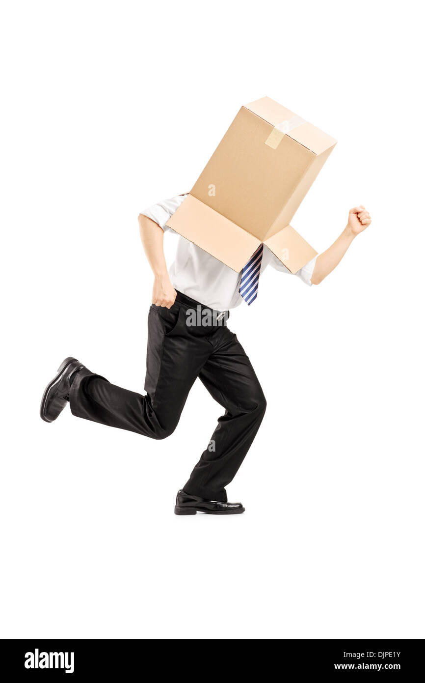 Full length portrait of a guy with a cardboard box on his head running ...