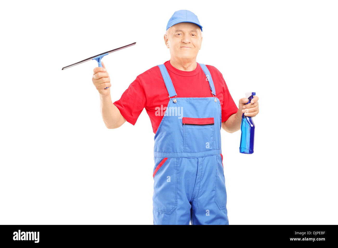 Male cleaner in uniform holding a cleaning equipment for glass Stock ...