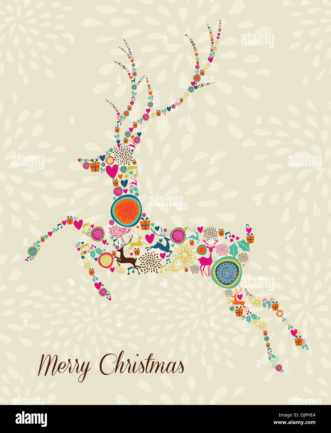 Vintage Christmas elements in jumping reindeer shape over seamless ...