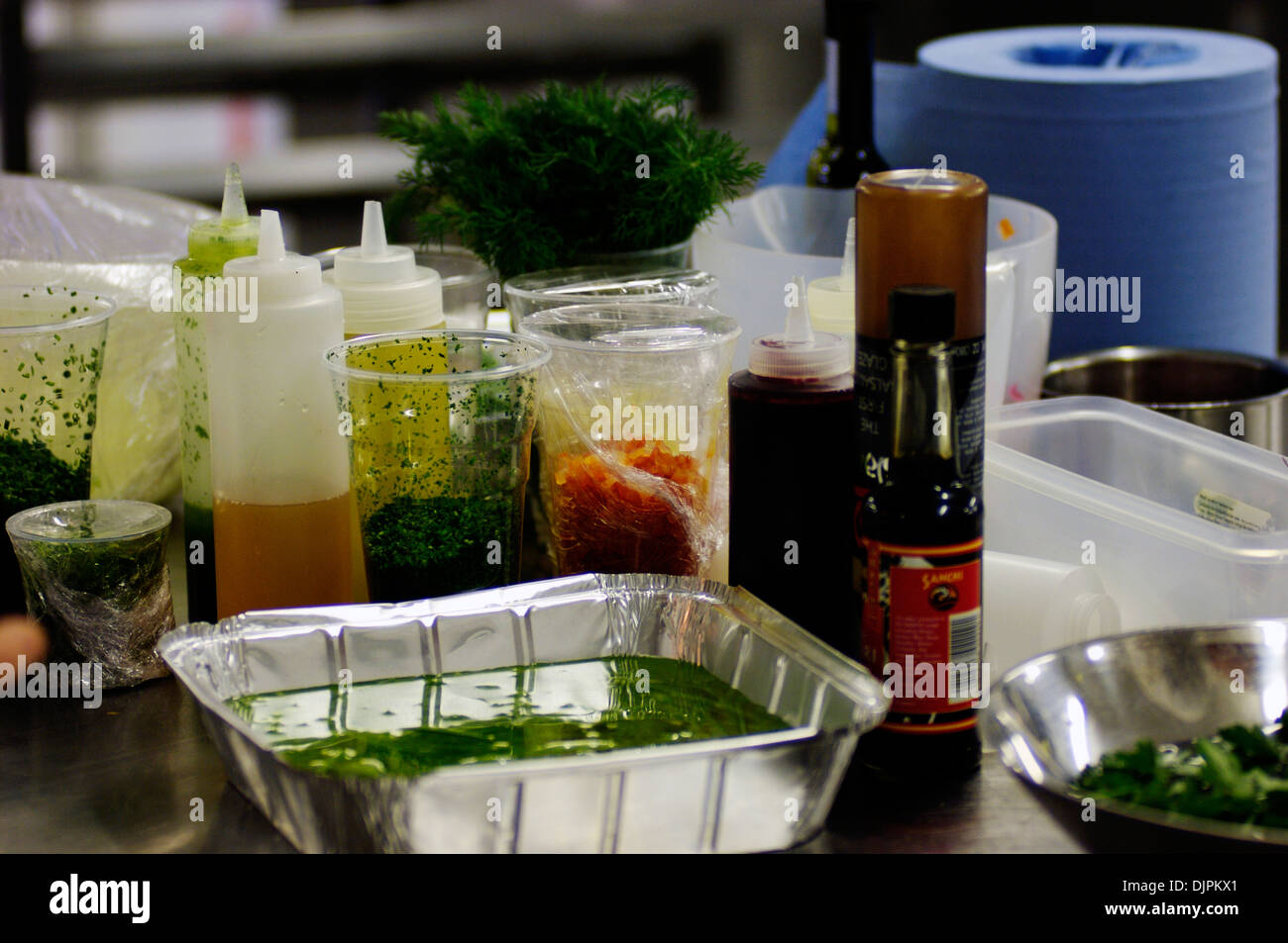 Chef's ingredients set up ready for service Stock Photo - Alamy