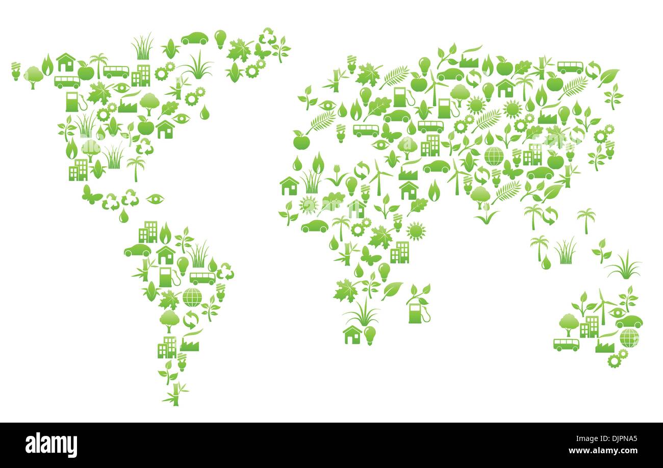 Vector illustration of world map shape made with many environmental ...