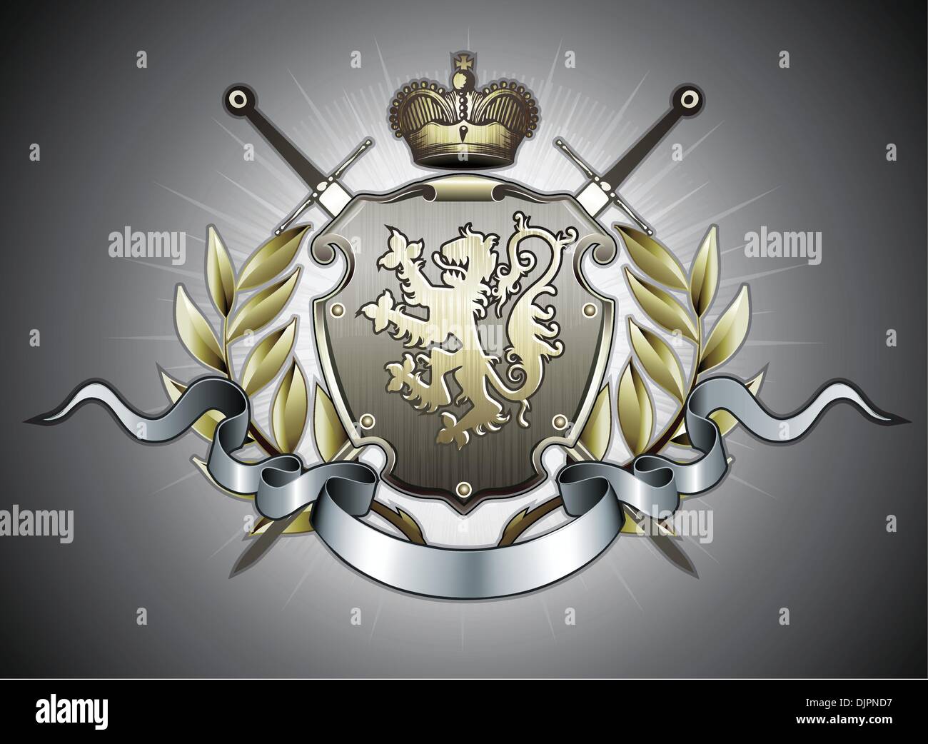 Vector illustration of heraldic shield or badge with two swords, golden ...