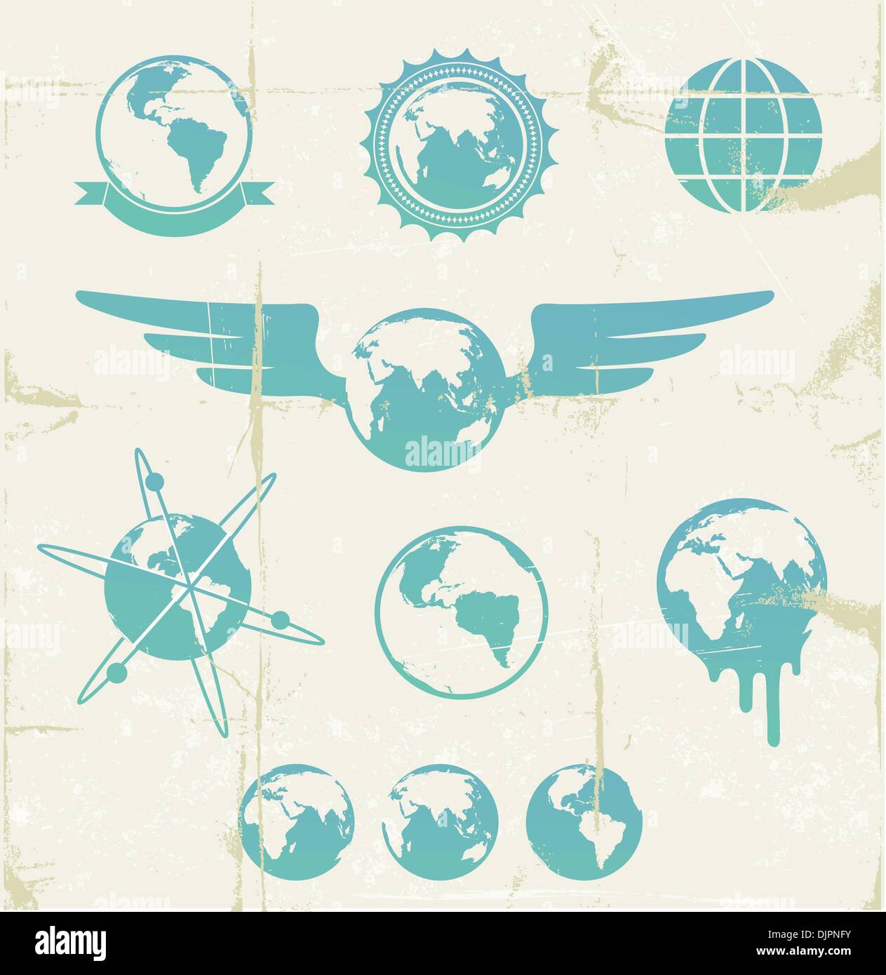 Vector illustration set of cool retro emblems with grunge Earth Map ...