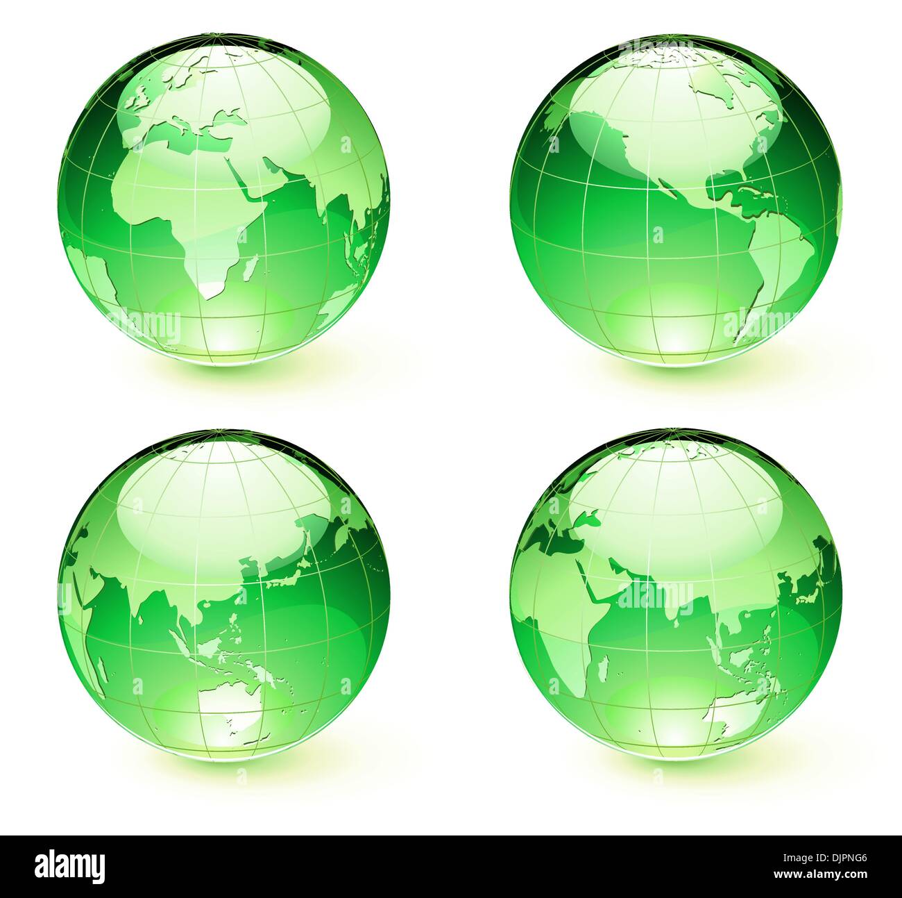 Vector illustration of green Glossy Earth Map Globes different angles ...