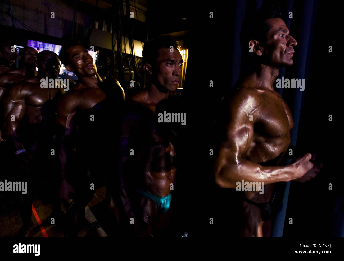 March 5, 2010 - Columbus, Ohio, USA - Bodybuilders watch from the wings ...