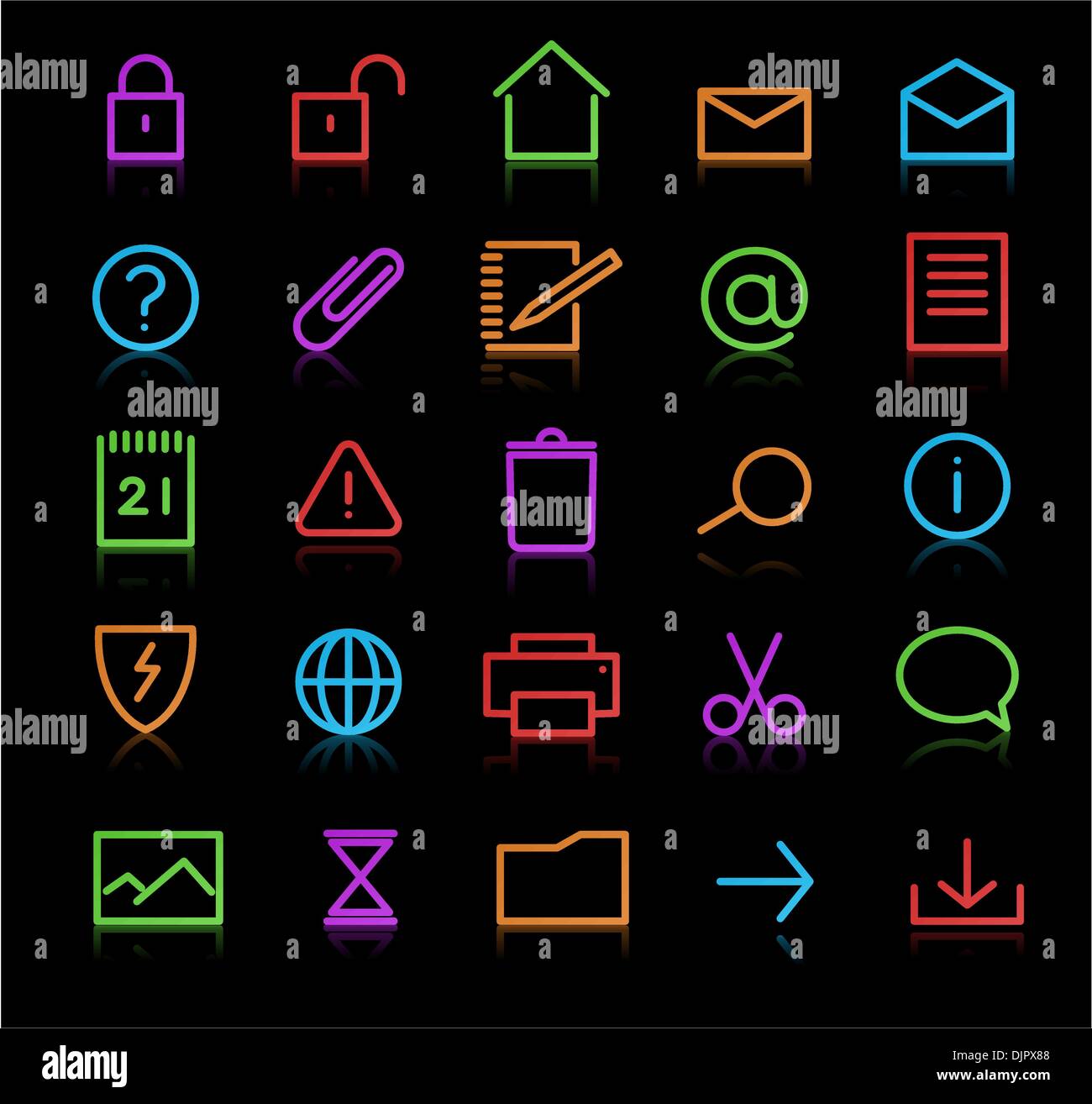 Vector set of elegant neon simple icons for common computer functions ...