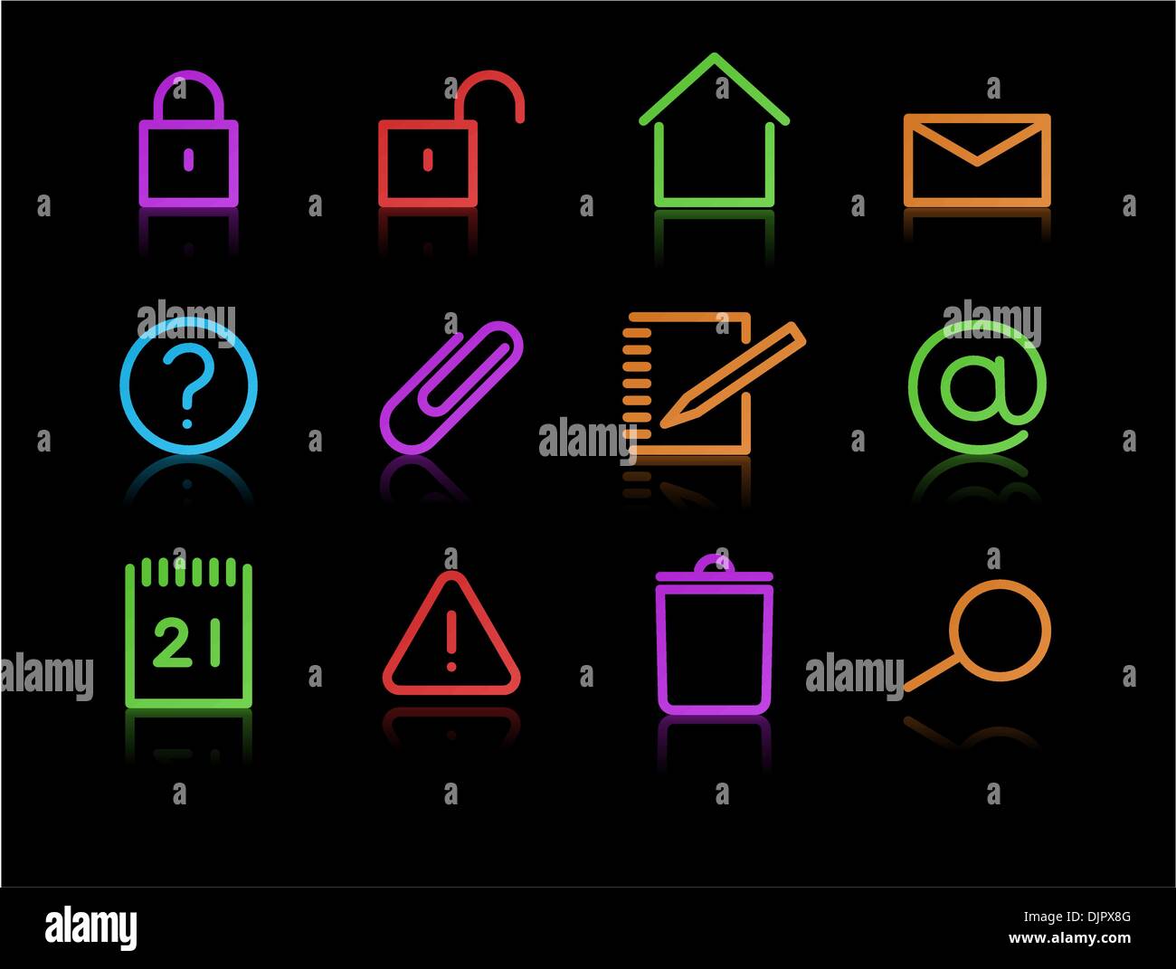 Vector set of elegant neon simple icons for common computer functions ...