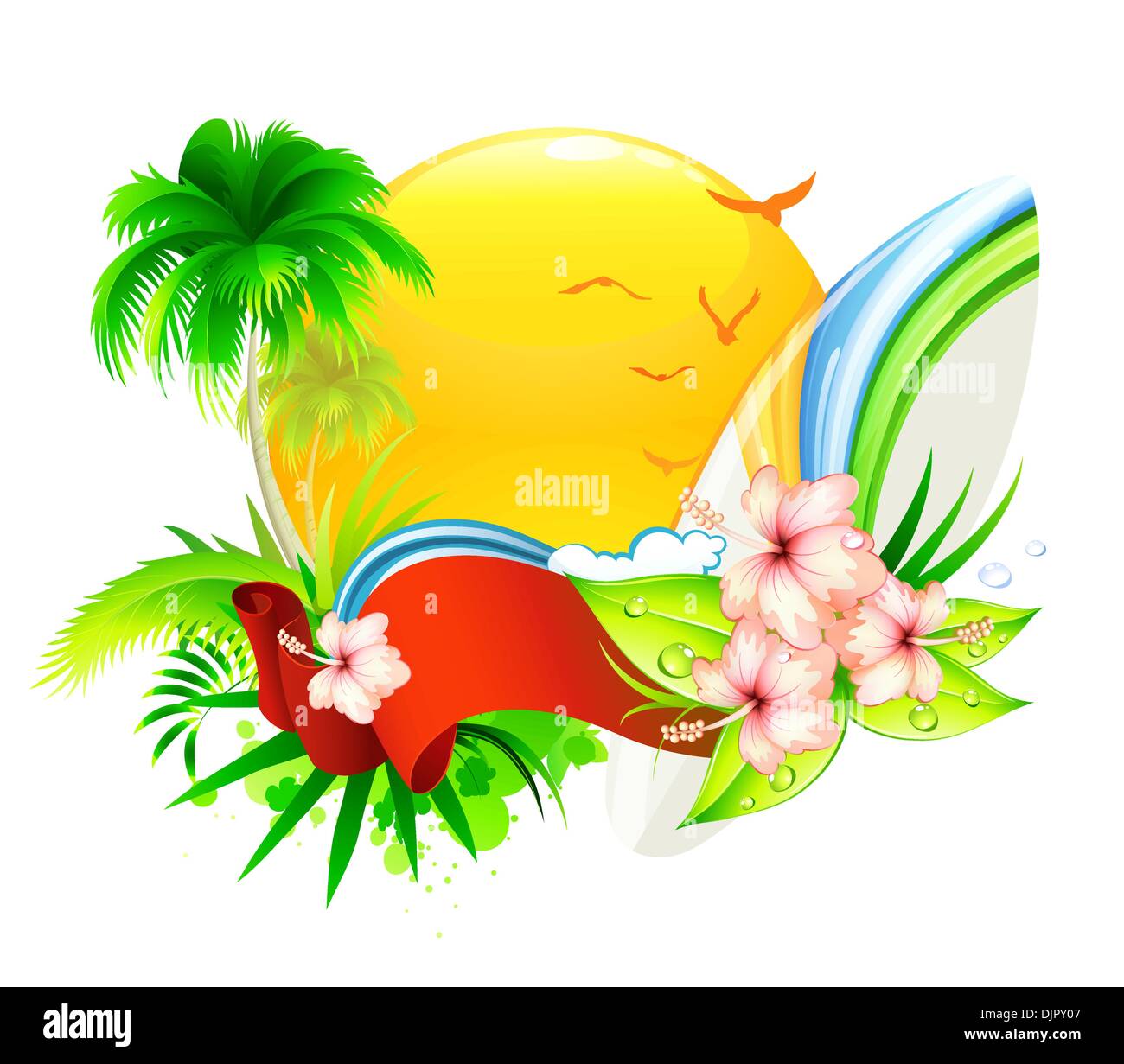 Vector illustration of funky summer background with palm tree, hibiscus ...