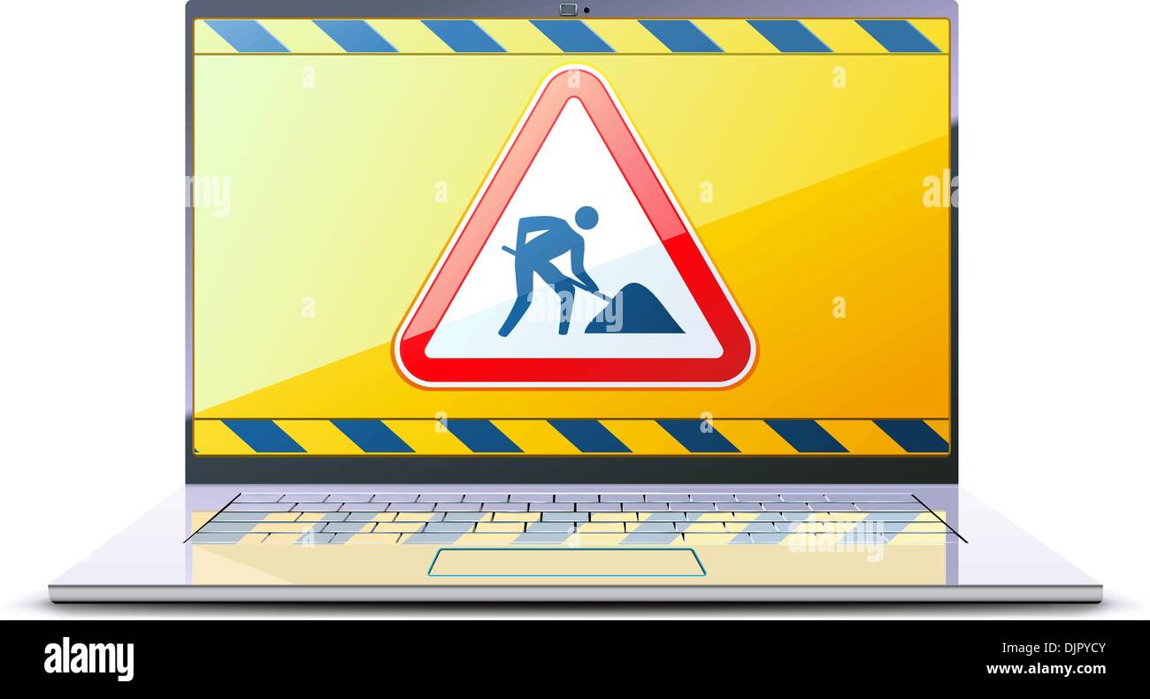 Vector illustration of modern laptop with Under Construction Sign on ...