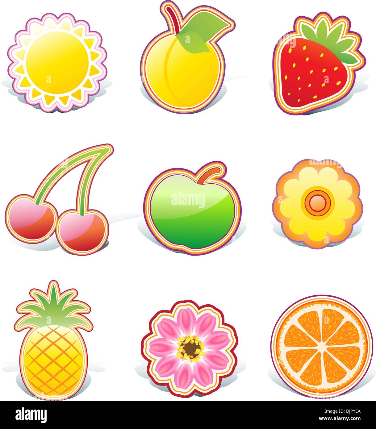 Vector illustration set of funky fruity design elements on stickers ...
