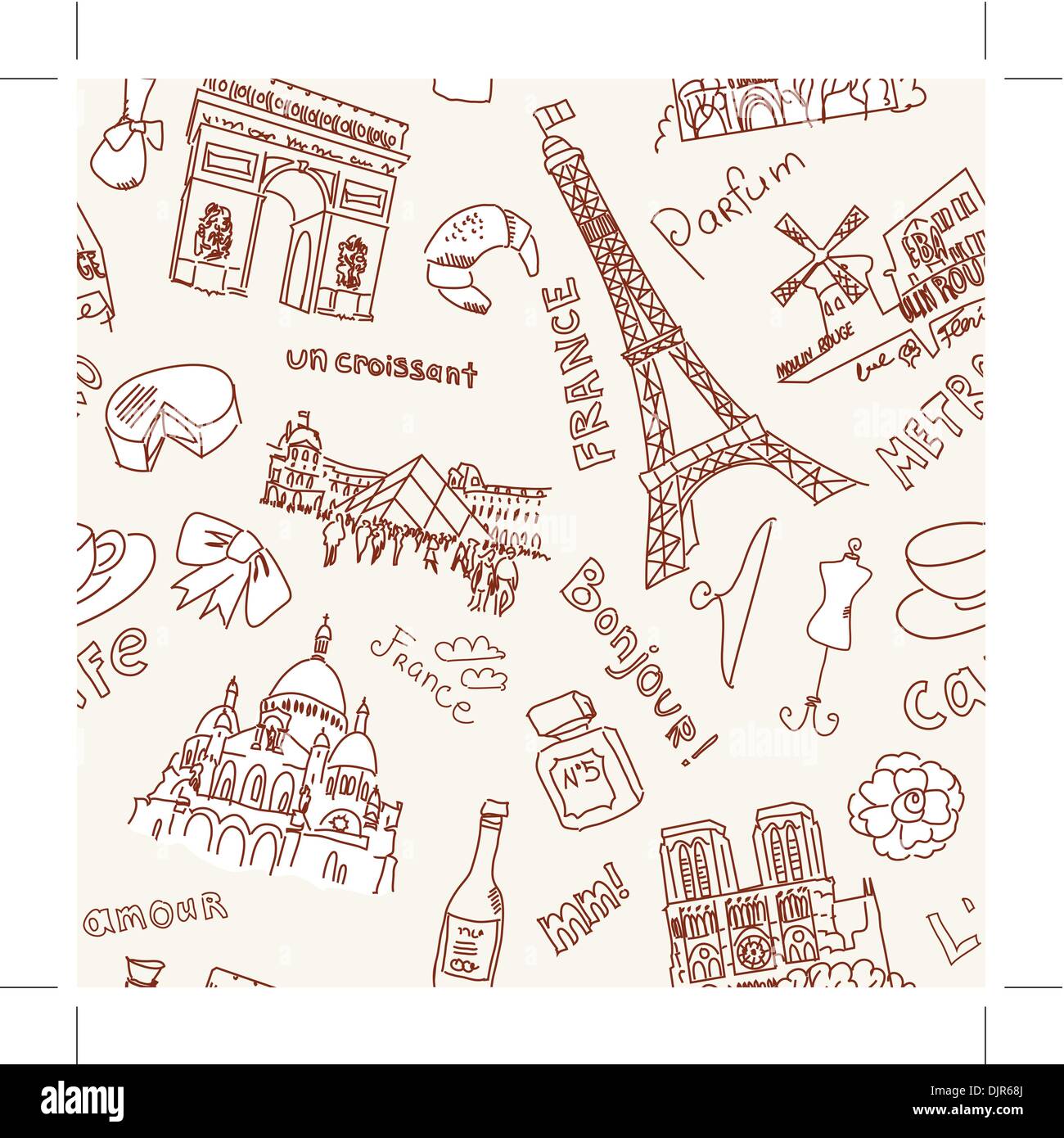 Sightseeing in Paris doodles. Seamless Background Stock Vector Image ...