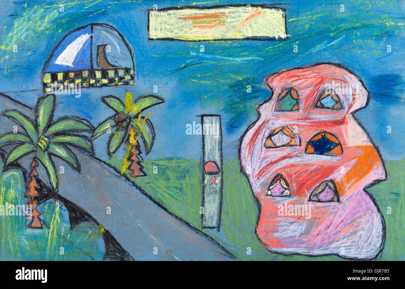 children drawing - futuristic urban landscape with houses and road ...