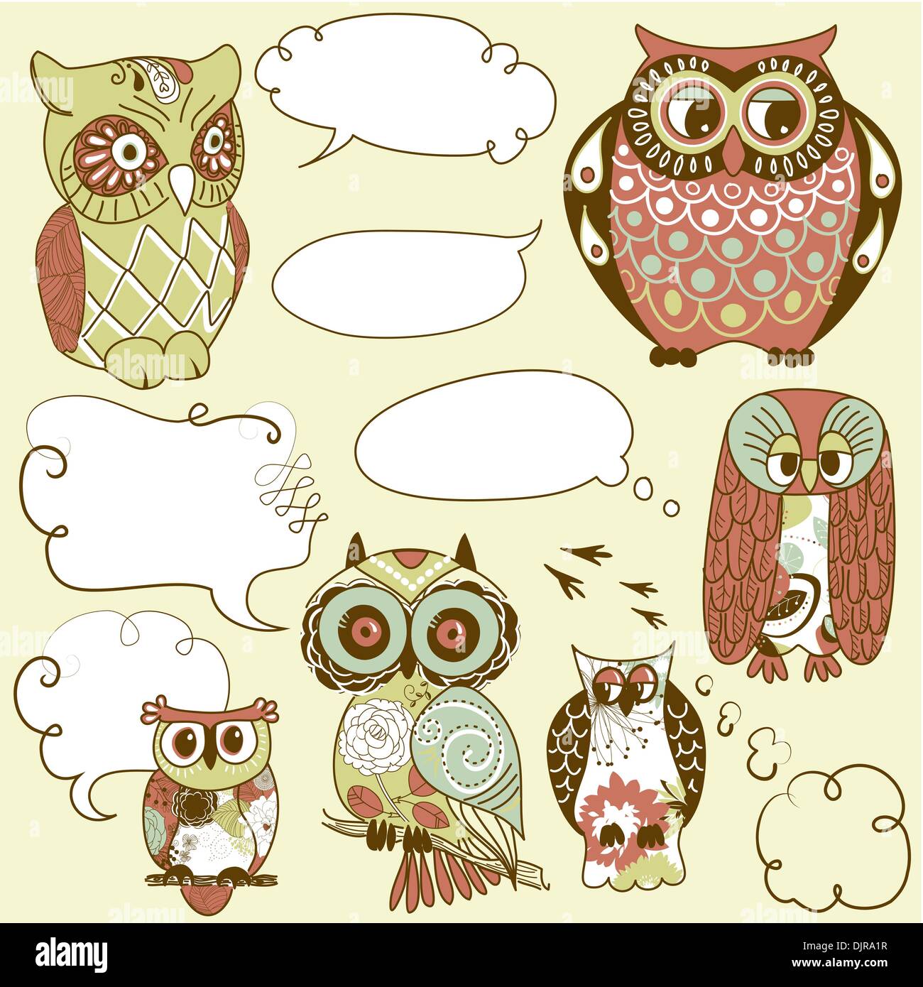 Collection of six different owls with speech bubbles Stock Vector Image ...