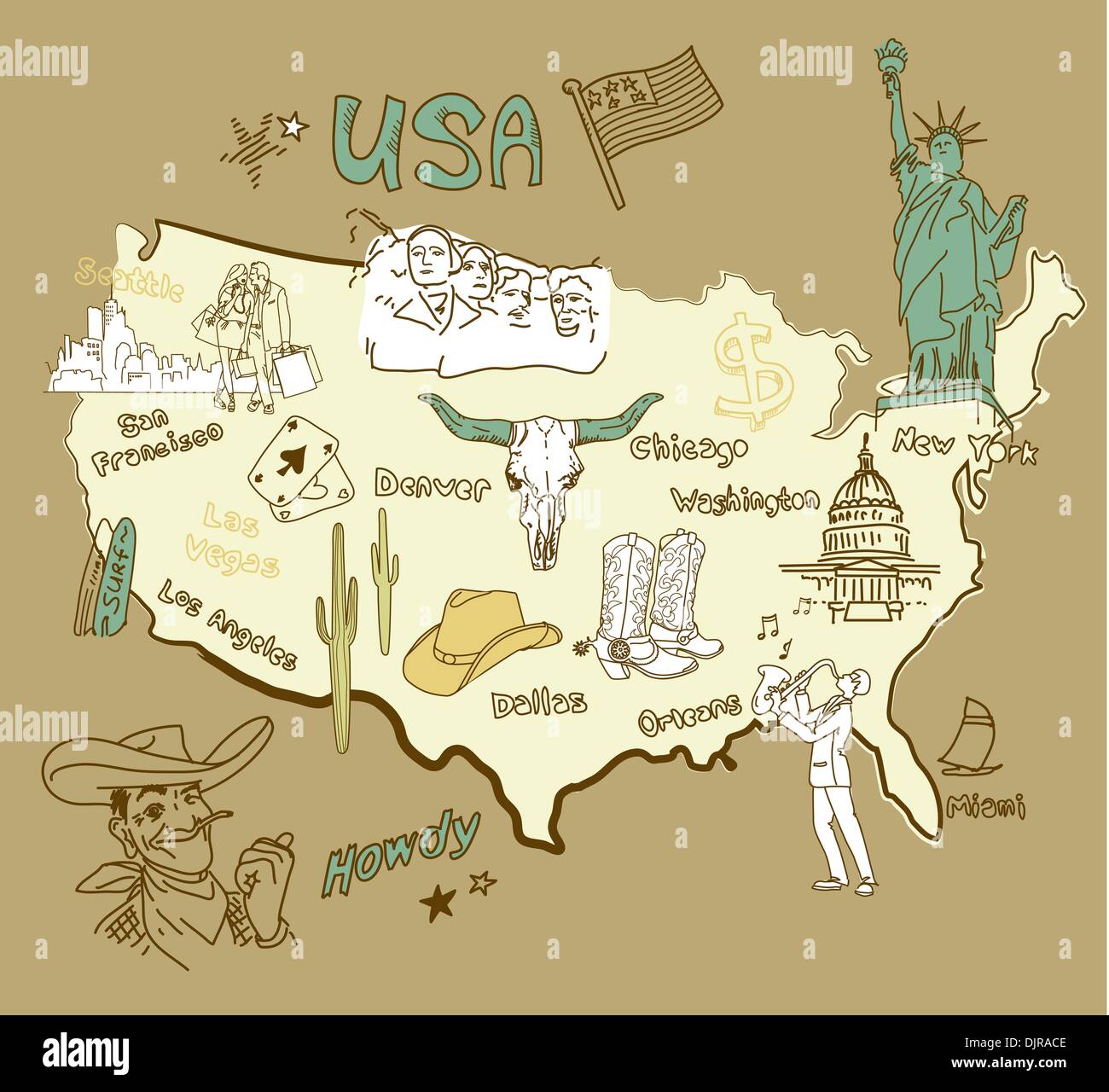 Stylized map of America. Things that different Regions in USA are ...