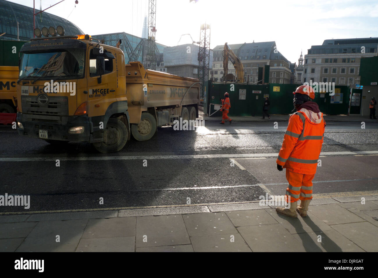 Lorry at entrance to Bloomberg Place construction site of Bloomberg ...