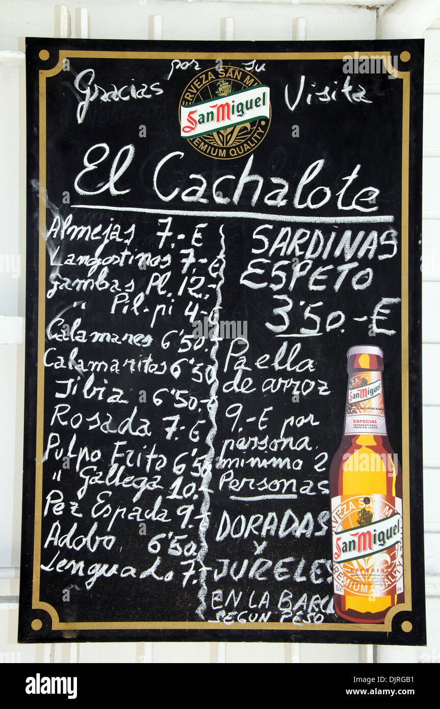 Beach bar (Chiringuito) menu on Malagueta beach, Malaga, Costa del Sol ...
