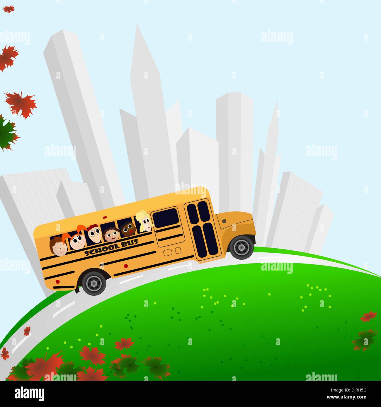 Vector illustration of a school bus, buildings, and maple leaves Stock ...