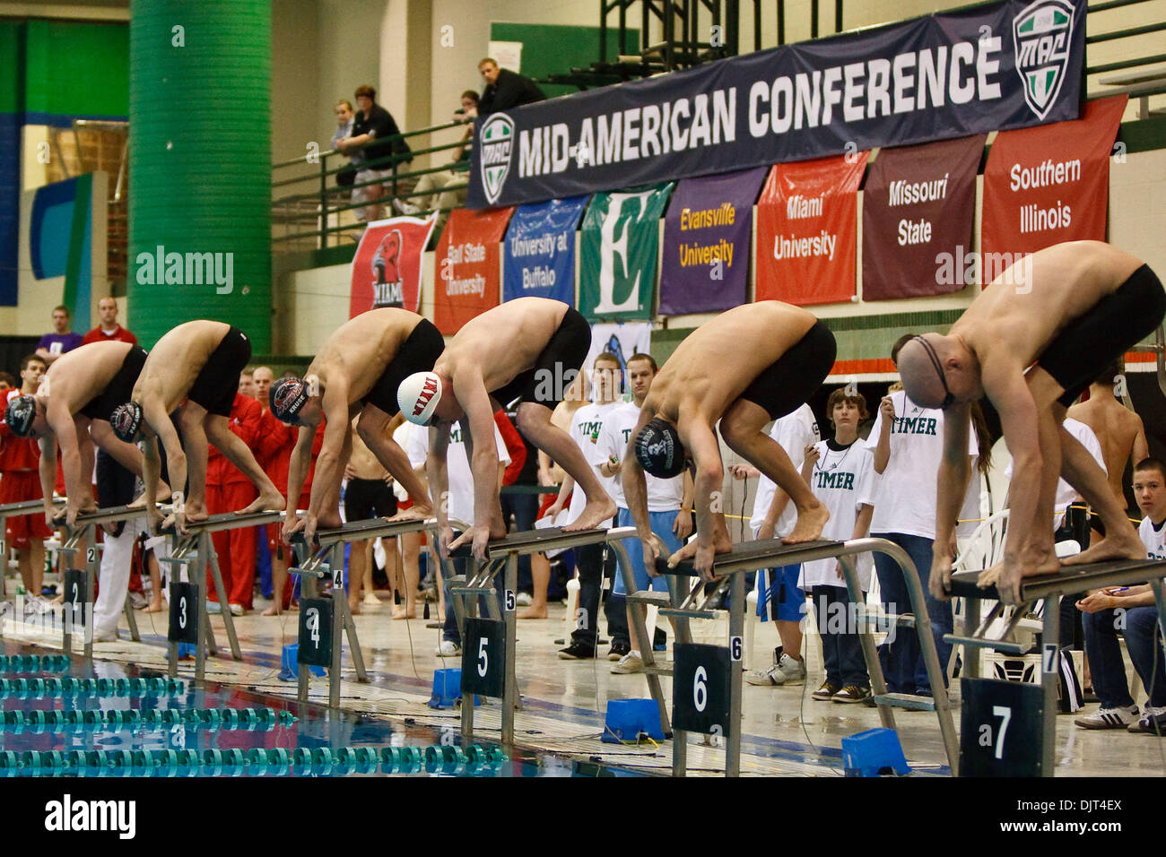 Swimmers wait for the start of 500 Yard Freestyle event during meet ...