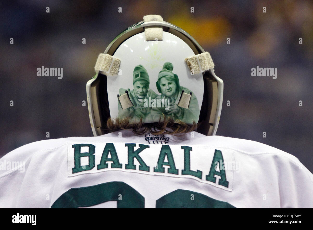 Bemidji State goaltender Dan Bakala's (33) helmet artwork pays tribute ...