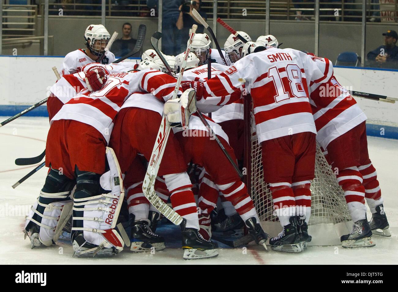 Members of the Miami RedHawks team gather together before the start of ...