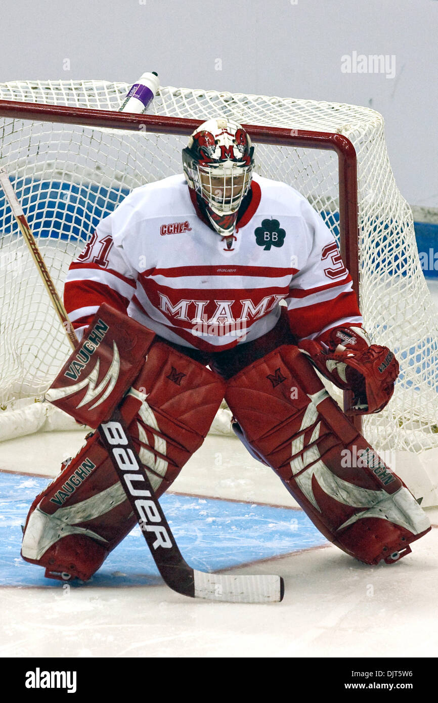 Miami goaltender Connor Knapp (31) during game action. Miami defeated ...