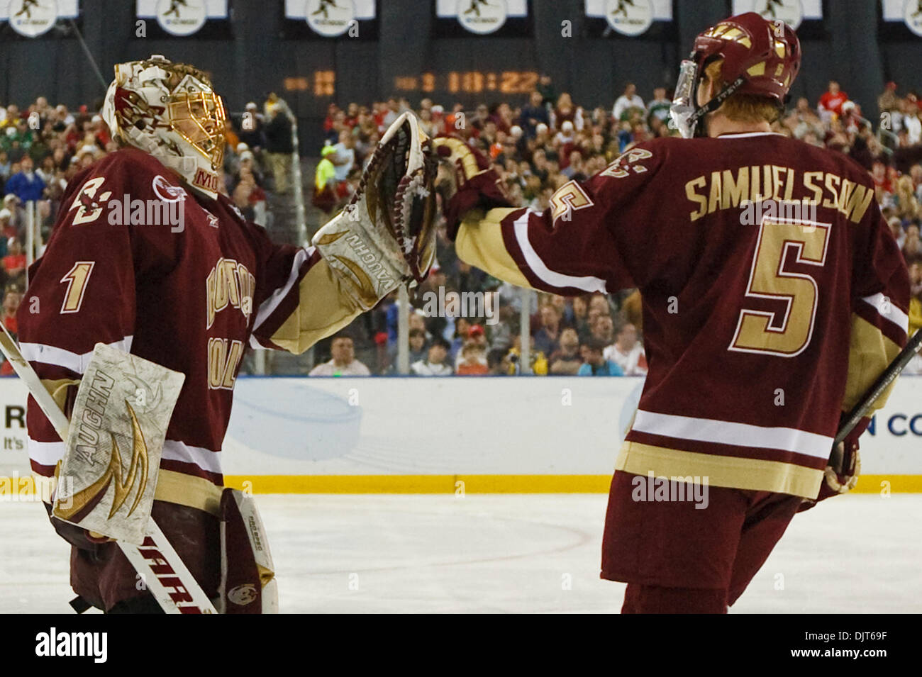 Boston goaltender John Muse (#1) and defenseman Philip Samuelsson (#5 ...