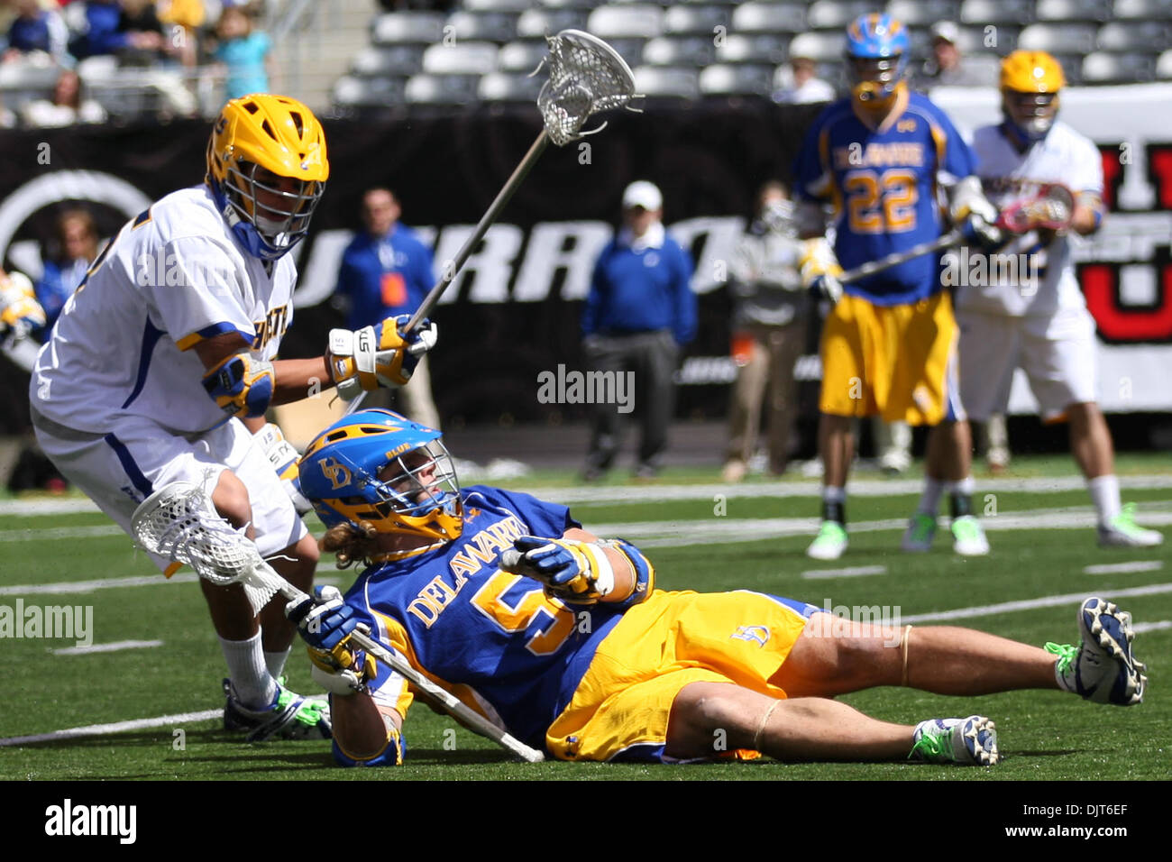 Delaware Midfielder Kevin Kaminski (#5) hits the ground from Hofstra ...