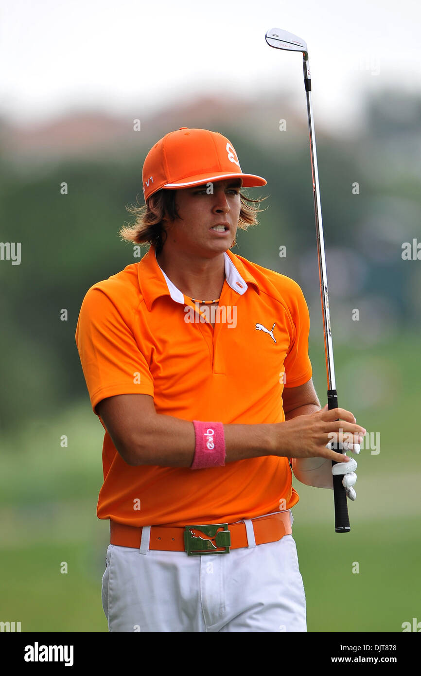 Rickie Fowler tees off at the 18th green during the HP Byron Nelson ...