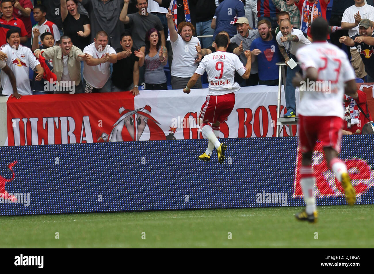 Red Bulls Forward Juan Pablo Angel (#9) shares his excitement with the ...