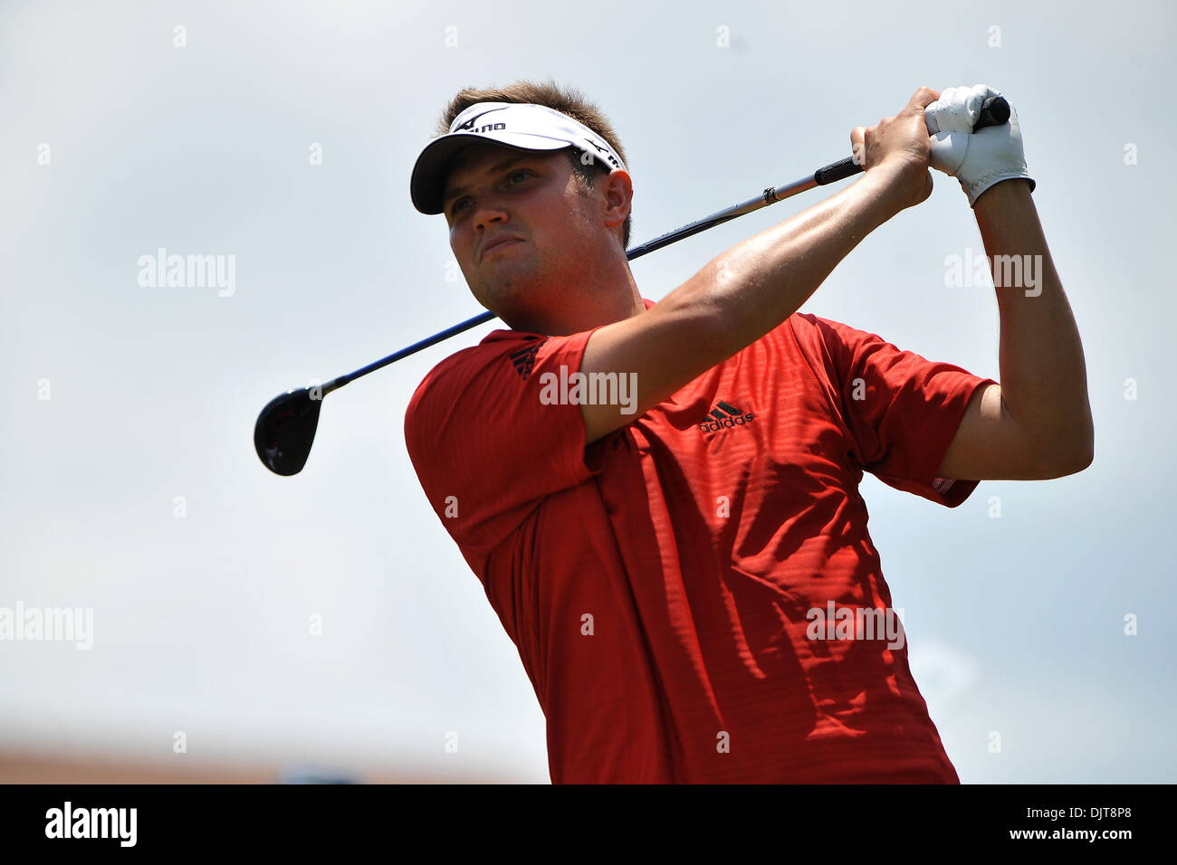 Jeff Overton tees off at the 9th hole during the HP Byron Nelson ...