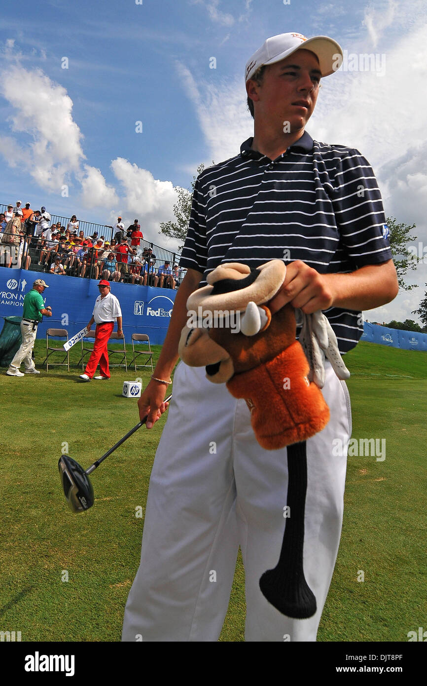 Jordan Spieth with his Bevo golf club cover at the 18th hole during the ...