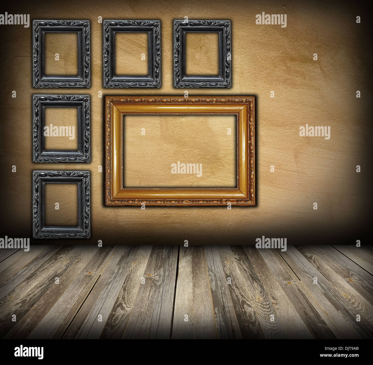 art indoor background with beautiful wood frames on brown wall Stock ...