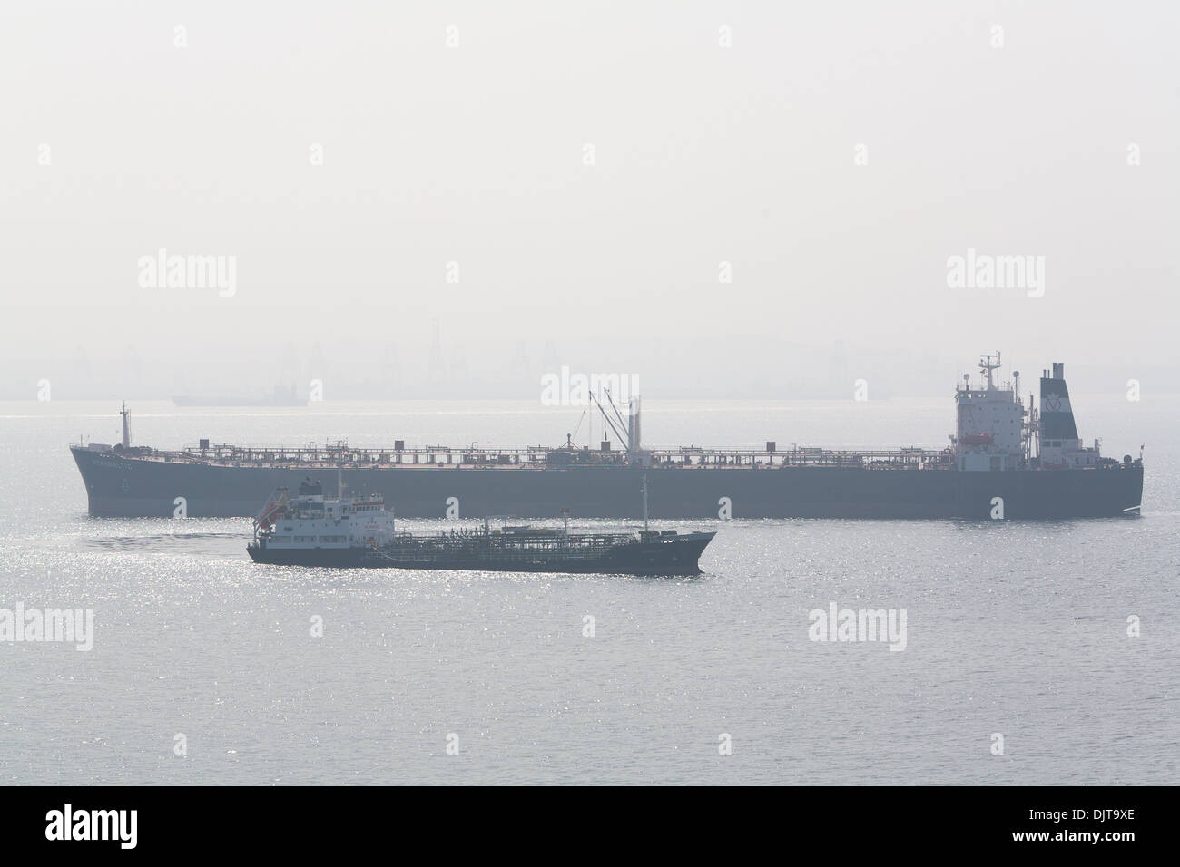 Thick Sea fog off Gibraltar Ships at anchor Stock Photo - Alamy