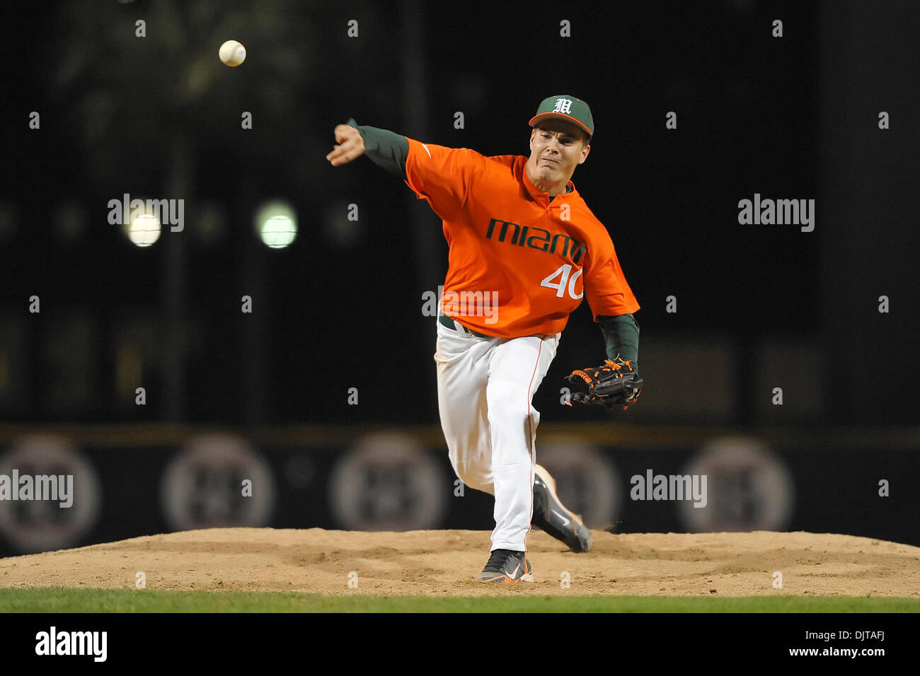 University of Miami relief pitcher Eric Whaley delivers..Fordham ...