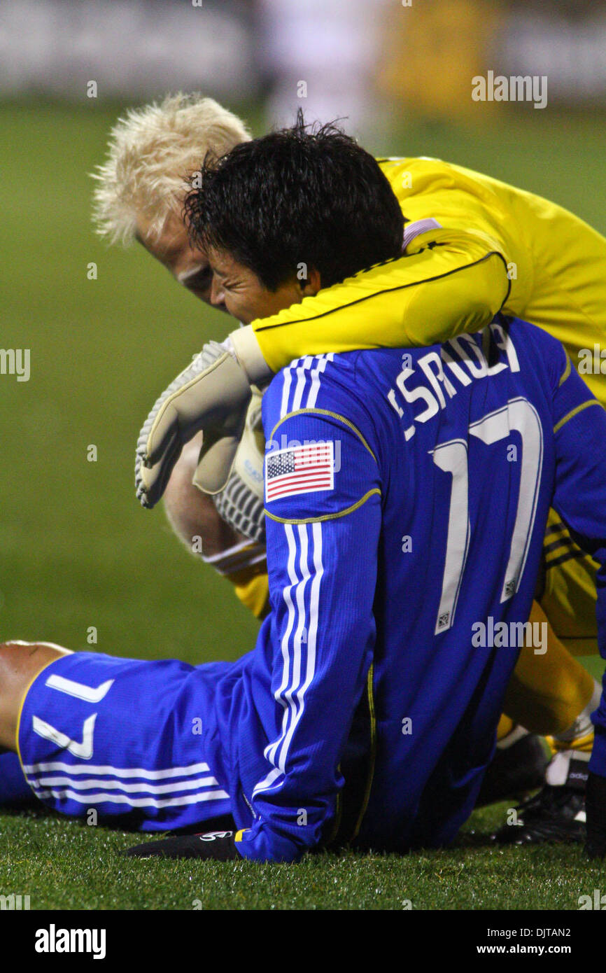 27 March 2010: Wizards goalkeeper Jimmy Nielsen makes sure Roger ...