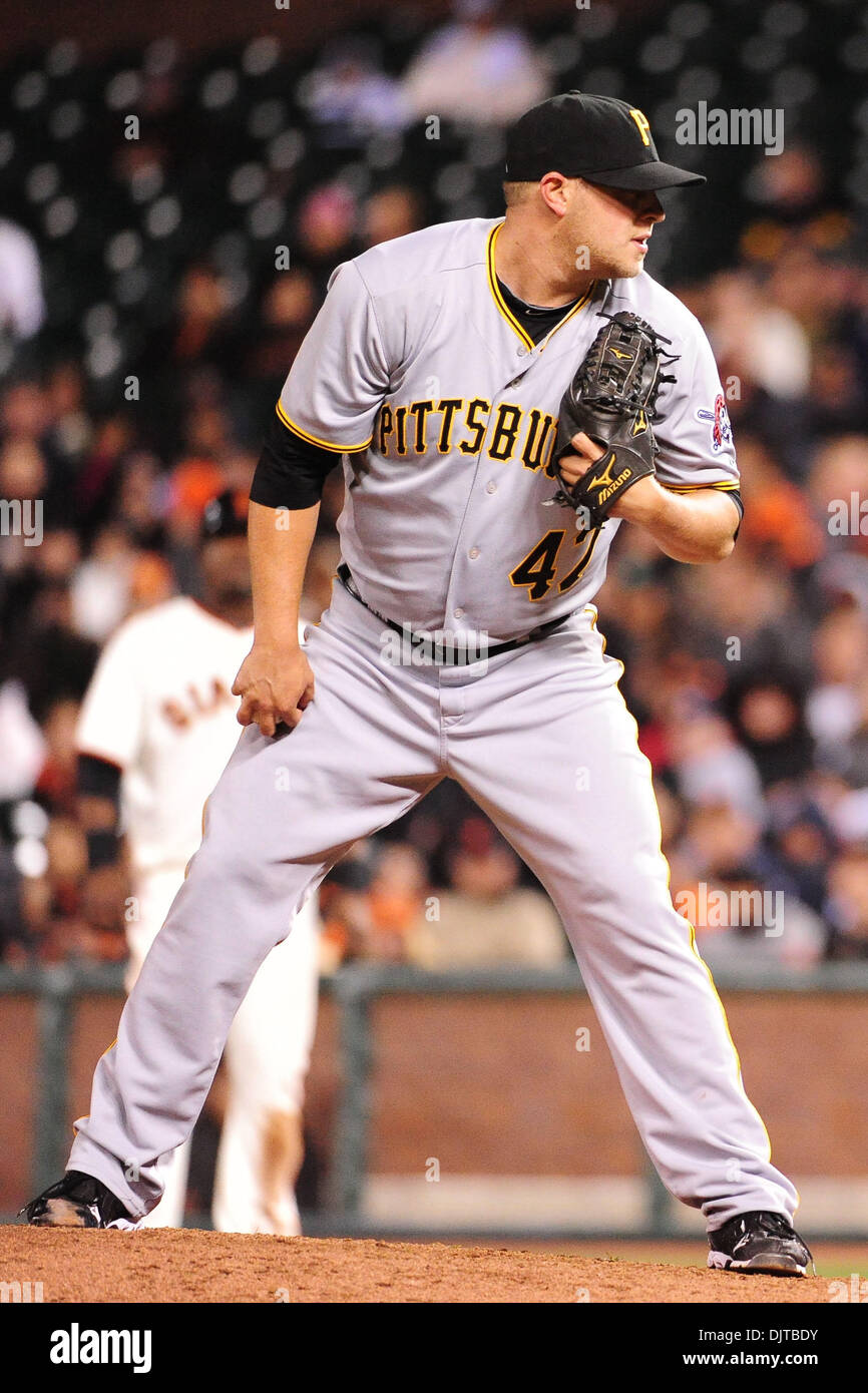 San Francisco, CA: Pittsburgh Pirates pitcher Evan Meek (47) stares ...