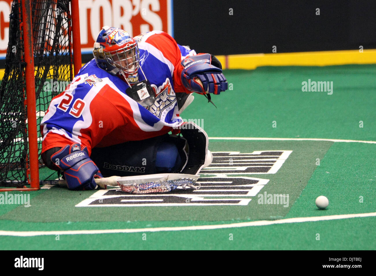 Toronto Rock goalie Bob Watson (29) reaches for the ball during game ...