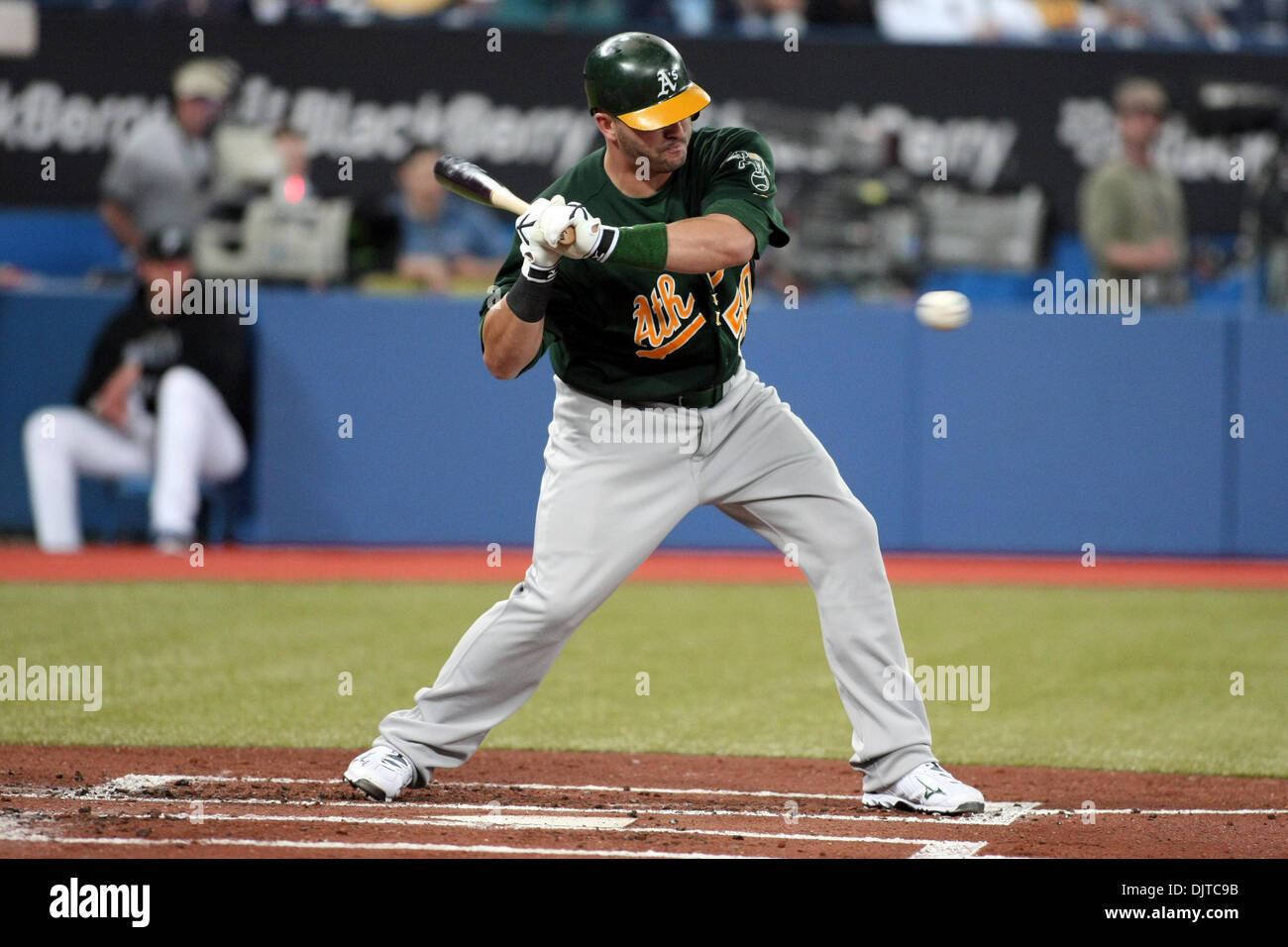 Oakland Athletics designated hitter Jake Fox (50) bats against the ...
