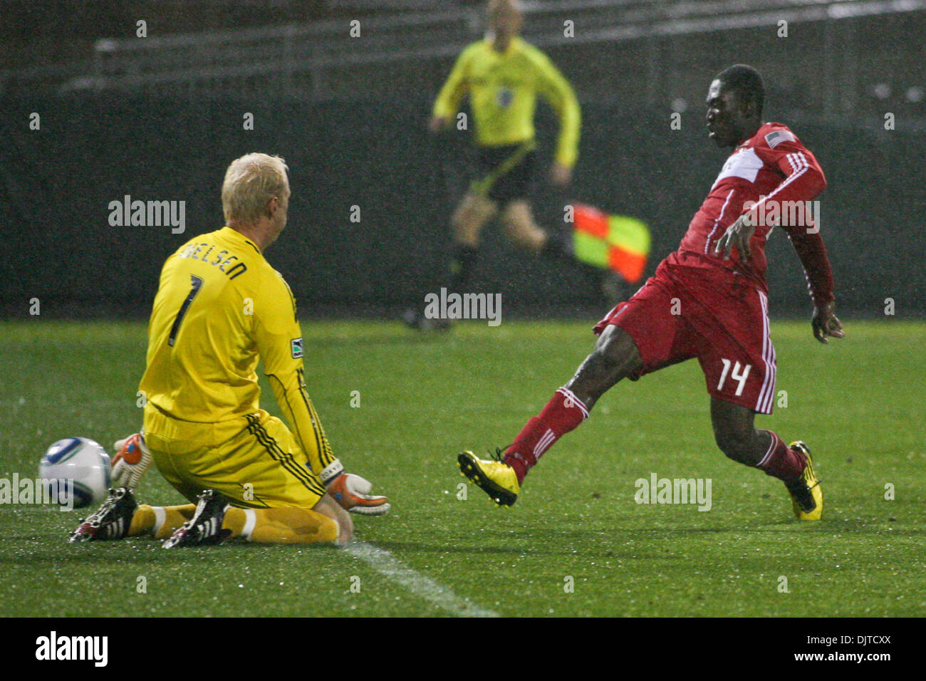 15 May 2010: Wizards Goalkeeper Jimmy Nielsen (#1) makes a save on Fire ...