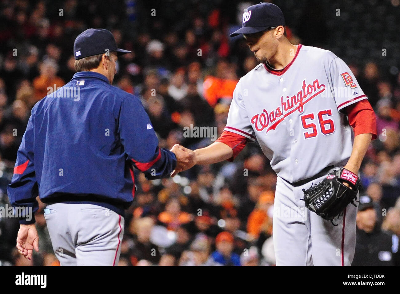 San Francisco, CA: Washington Nationals pitcher Luis Atilano (56) is ...