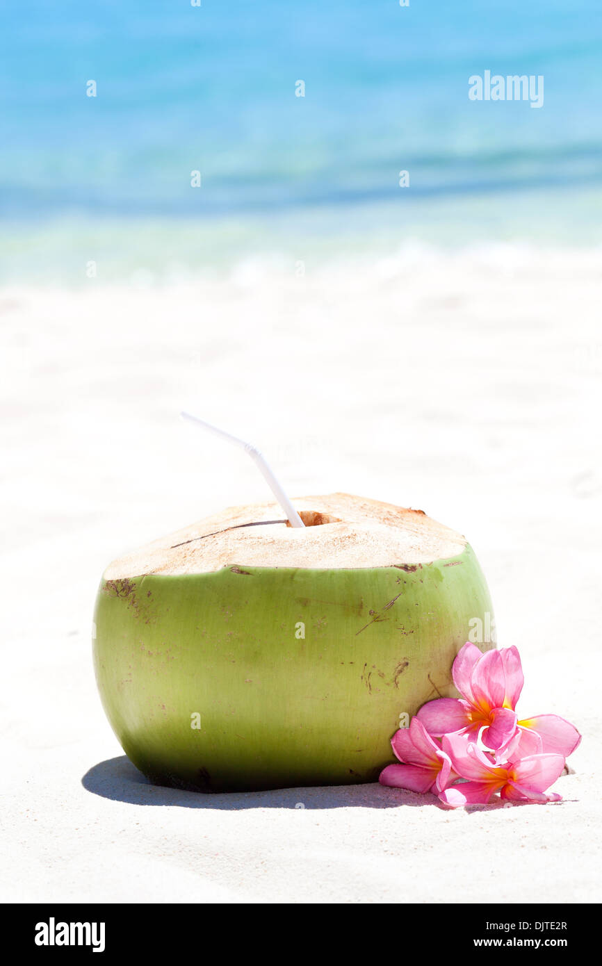 Tropical fresh coconut cocktail decorated plumeria on white beach Stock ...