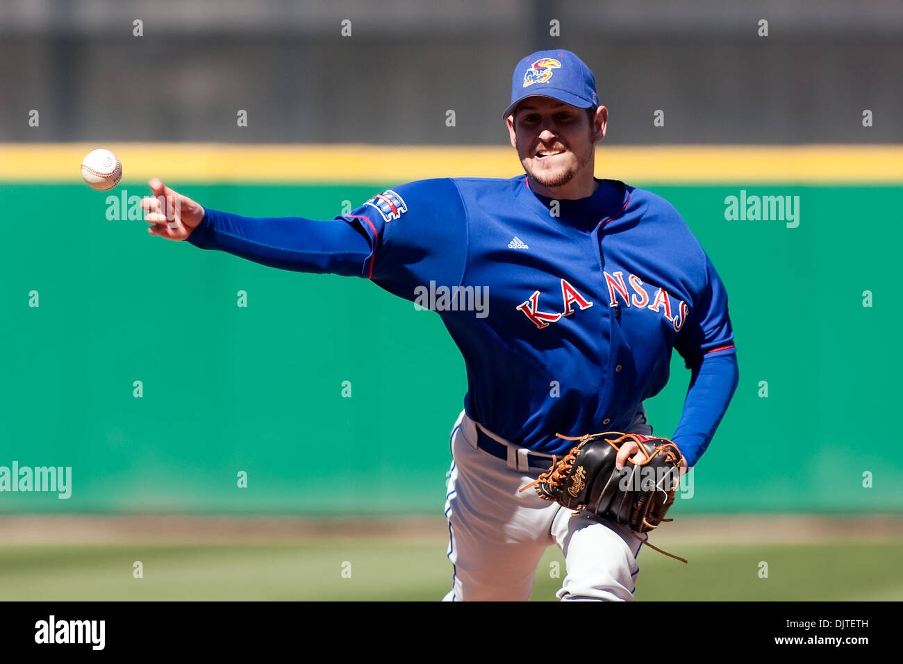 12 March 2010: Kansas at LSU, Kansas pitcher Brett Bollman throws a ...