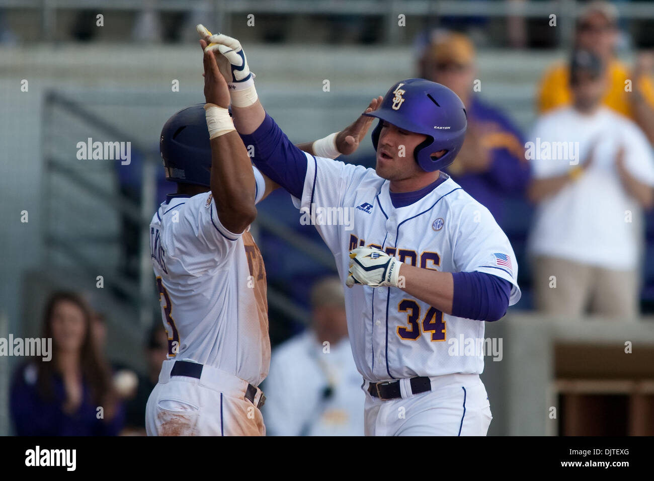12 March 2010: Kansas at LSU, LSU first baseman Blake Dean (34) circles ...