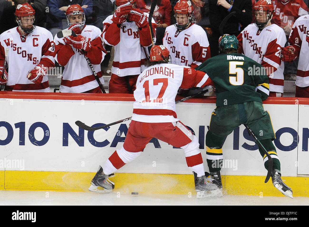 Ryan McDonagh #17 of the Wisconsin Badgers and Brayden Irwin #5 of the ...