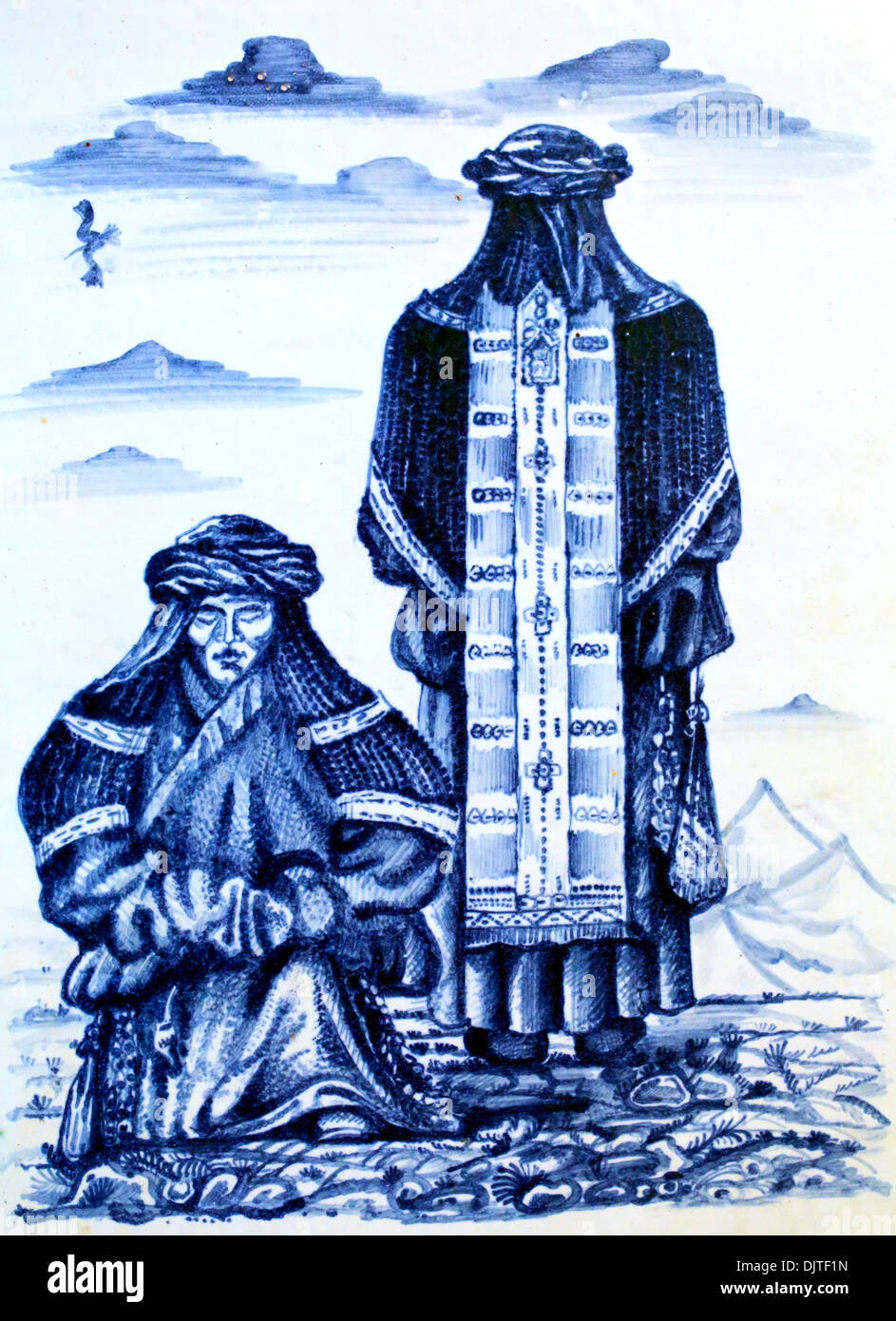 Tibetan women, Ceramic tile, museum of Nikolay Przhevalsky in Karakol ...