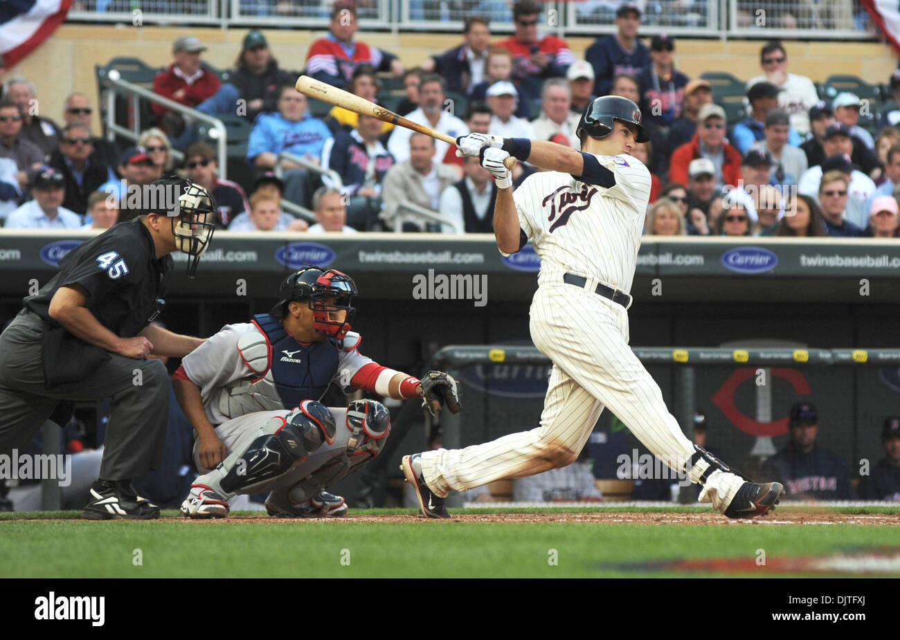 Minnesota Twins catcher Joe Mauer #7 doubles to right in the 8th inning ...
