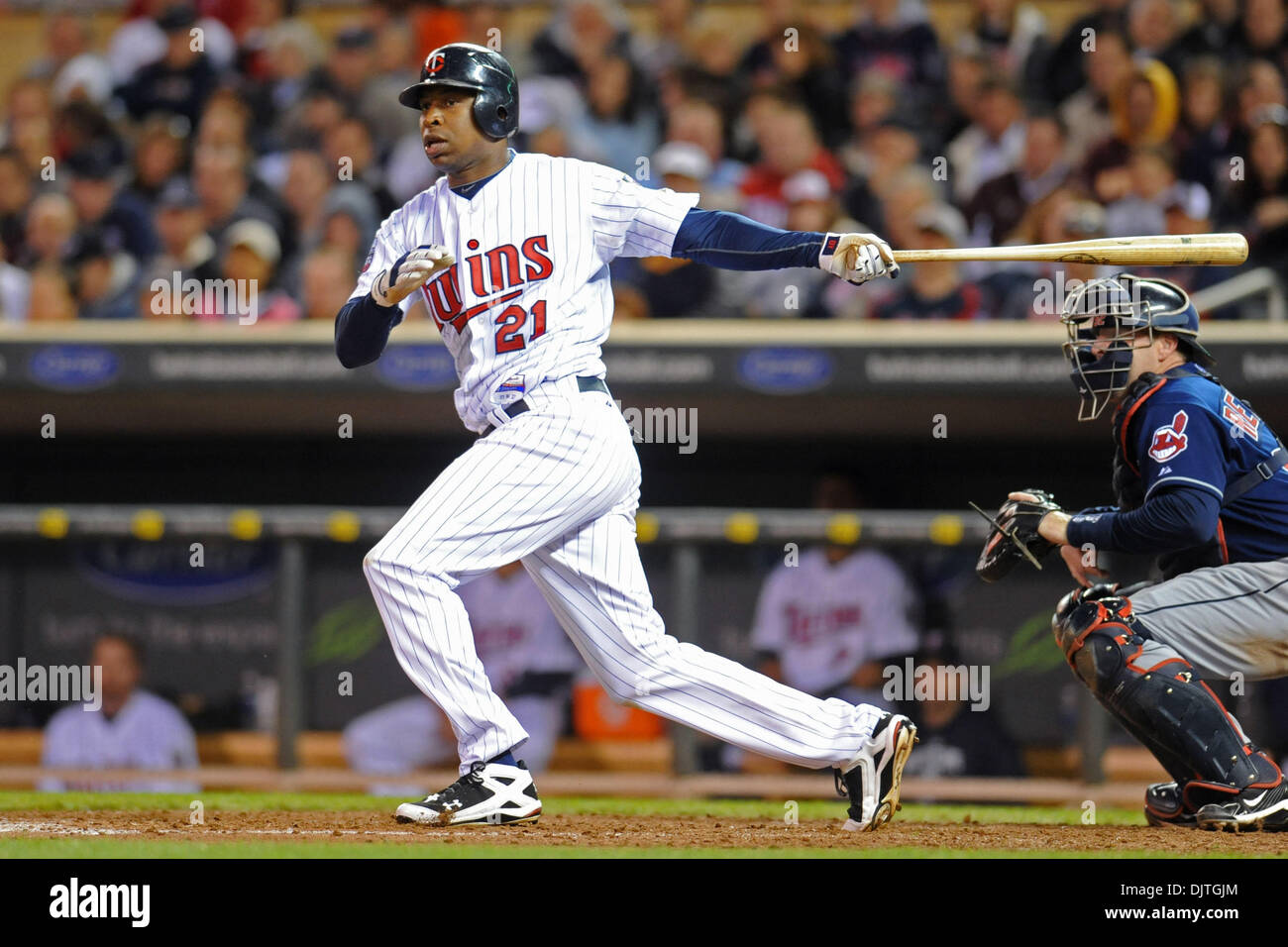 Minnesota Twins left fielder Delmon Young #21 hits one foul down the ...