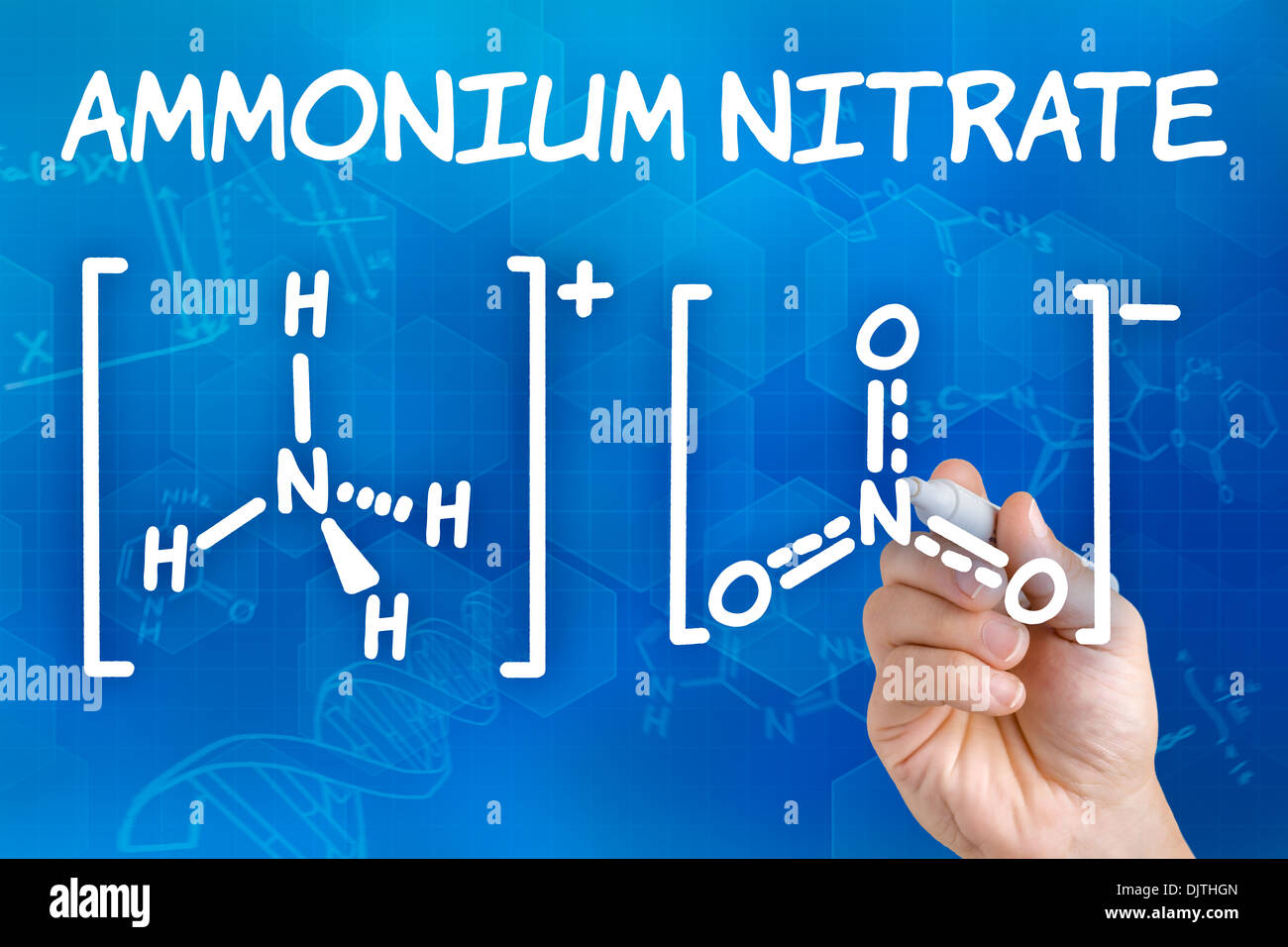 Hand with pen drawing the chemical formula of ammonium nitrate Stock ...